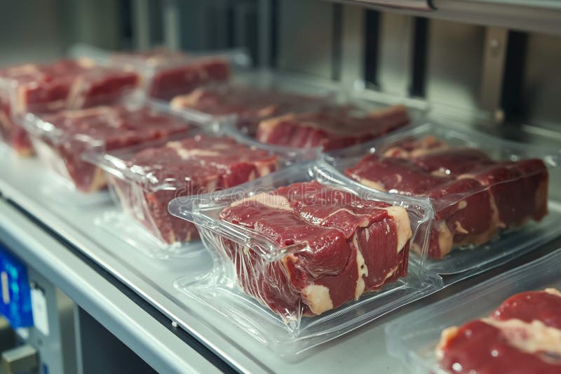 A Bunch of Raw Meat in Plastic Containers on a Conveyor Belt Stock ...