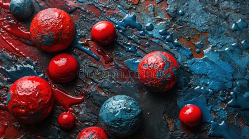 A Bunch of Red and Blue Balls are on a Table in Liquid Paint, AI Stock ...