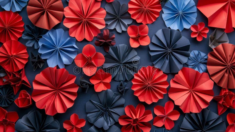 A Bunch of Red and Blue Paper Flowers on a Wall, AI Stock Photo - Image ...