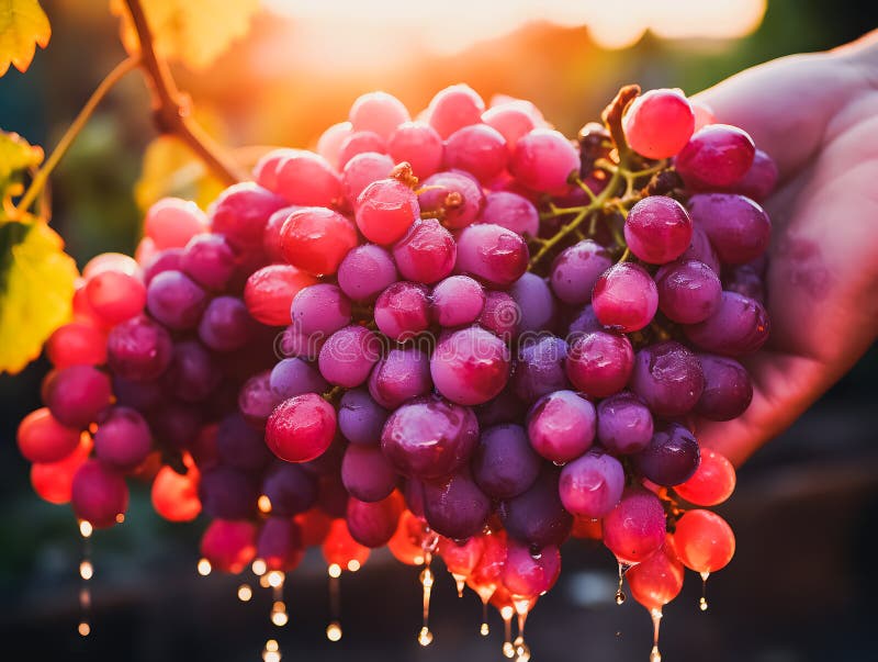 Bunch of Red Grapes in Female Hands during the Setting Sun. Wet Grapes ...