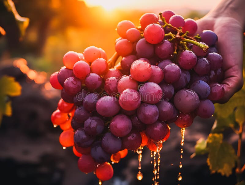 Bunch of Red Grapes in Female Hands during the Setting Sun. Wet Grapes ...