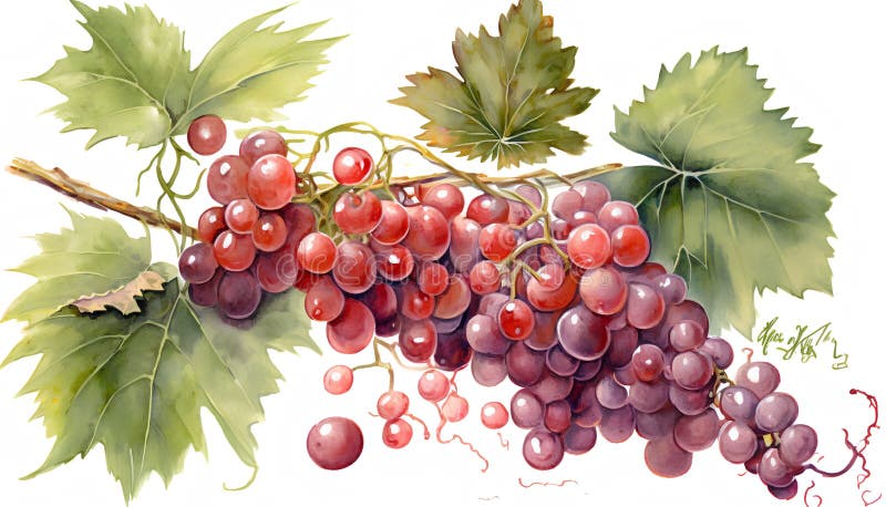 Bunch of Red Grapes. Watercolor Hand Drawn Illustration on White ...