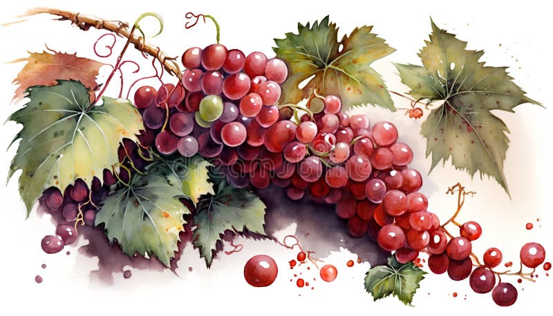 Bunch of Red Grapes on a White Background. Watercolor Illustration ...