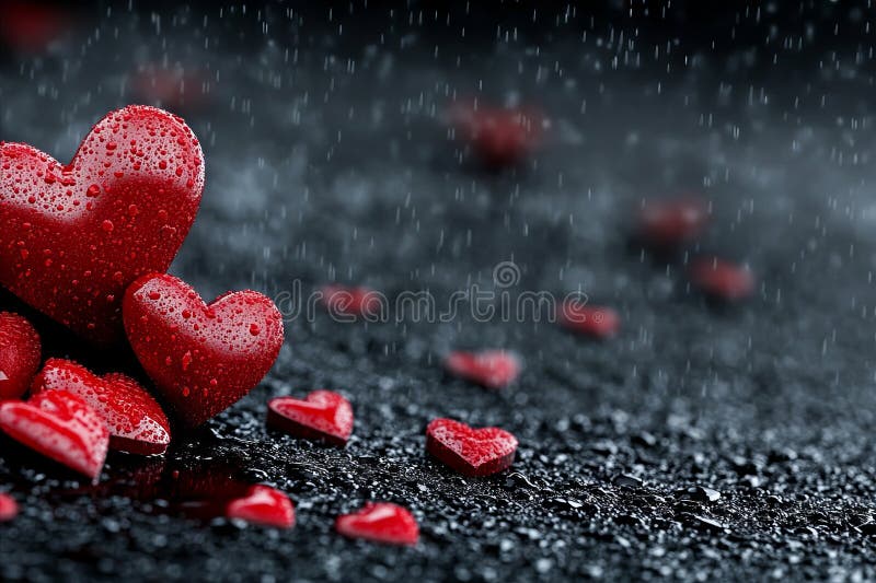 A Bunch of Red Hearts on a Black Surface in the Rain Stock Image ...
