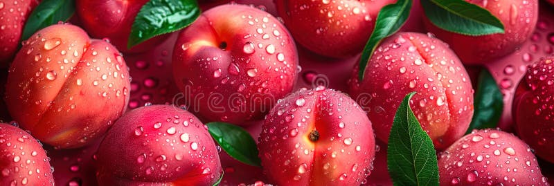 A Bunch of Red Peaches with Green Leaves on Top Stock Photo - Image of ...