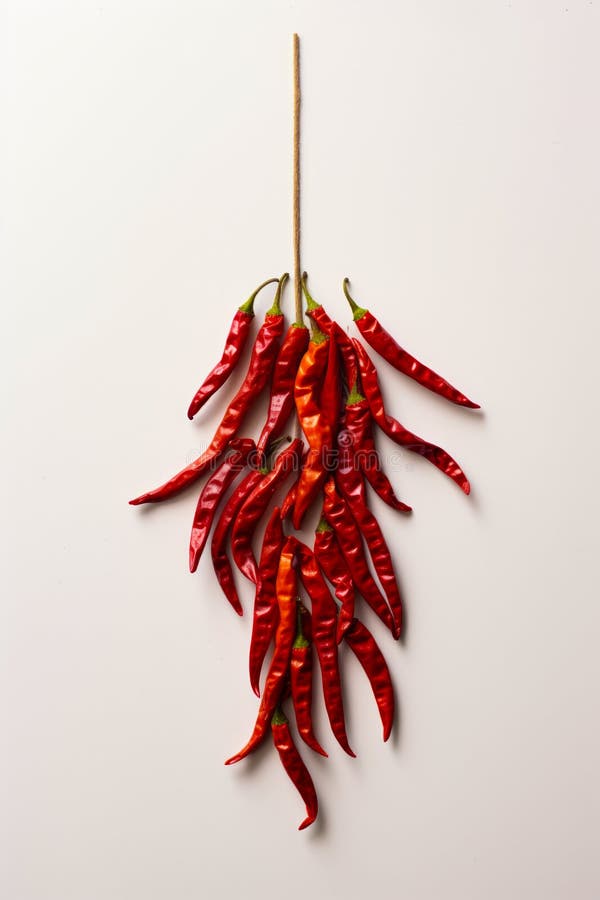 Bunch of Red Peppers Hanging from String on White Wall. Generative AI ...