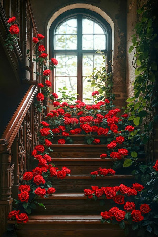 A Bunch of Red Roses Growing on the Steps of a Staircase Stock Image ...