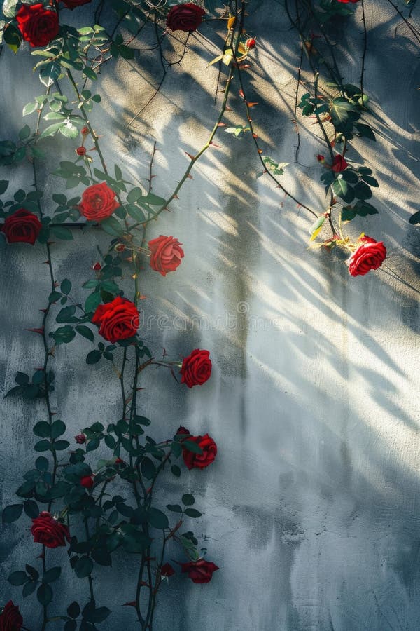 A Bunch of Red Roses are Growing on a Stone or Brick Wall, with Vines ...