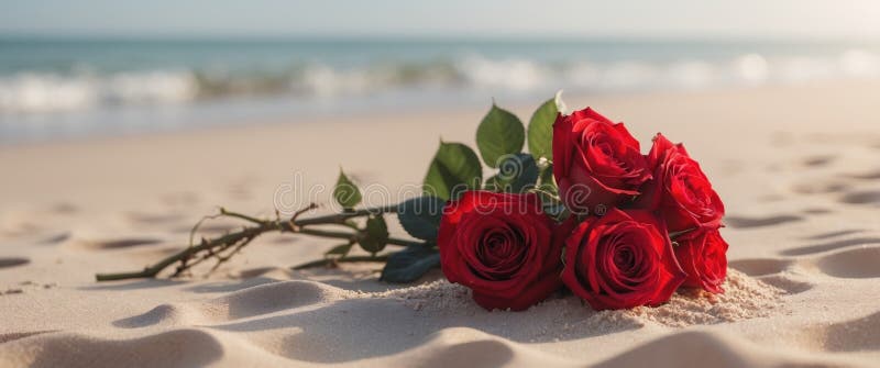 A Bunch of Red Roses Sitting on Top of a Sandy Beach Stock Photo ...
