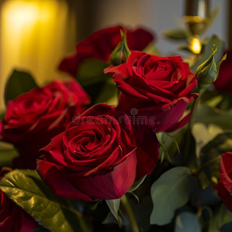 A Bunch of Red Roses Sitting on Top of a Table Stock Photo - Image of ...
