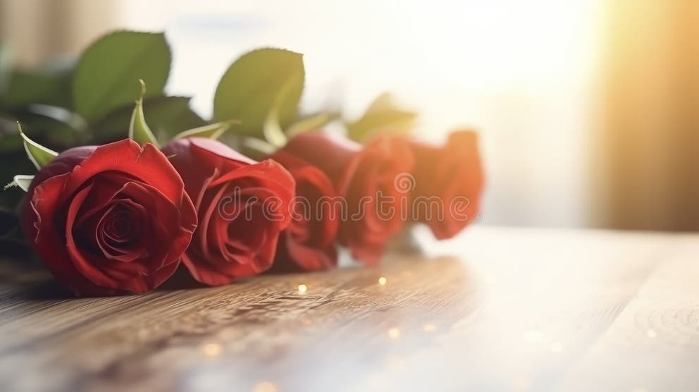 Bunch of Red Roses on Table. Red Roses on a Wooden Table on a Romantic ...