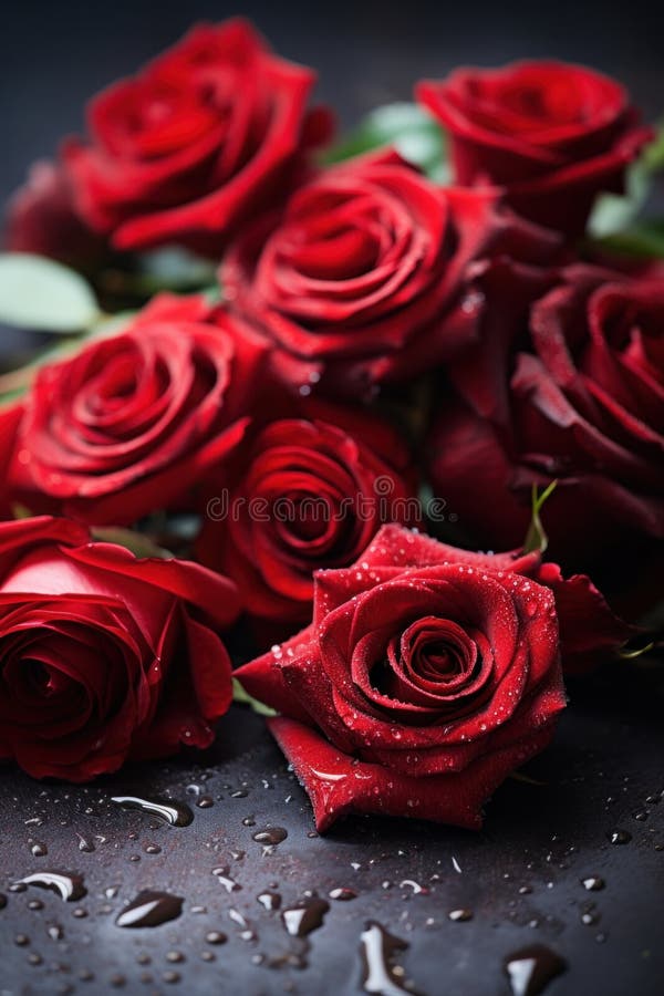 A Bunch of Red Roses with Water Drops on Them, AI Stock Illustration ...