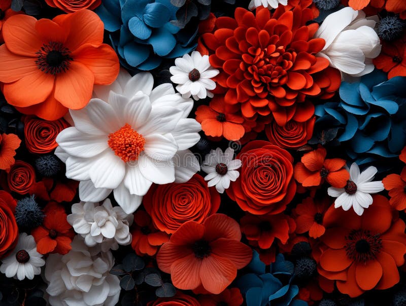A Bunch of Red White and Blue Flowers on a Black Background Stock Photo ...