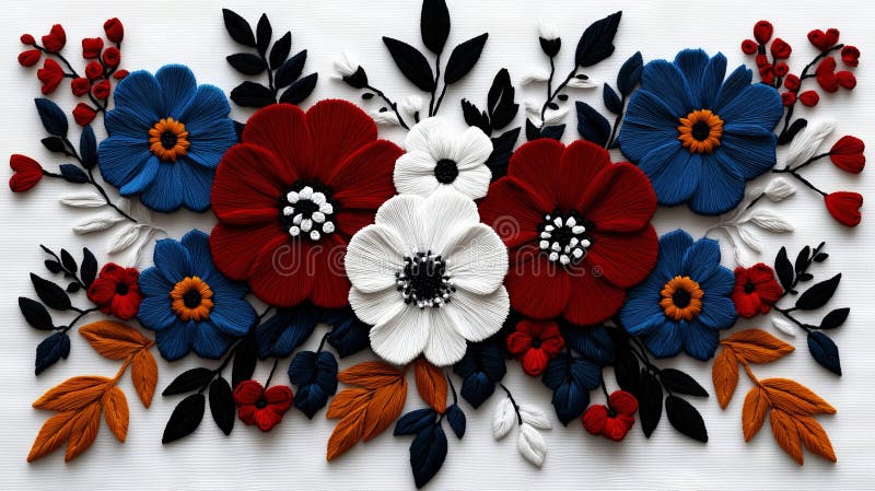 A Bunch of Red White and Blue Flowers on a White Surface Stock Image ...