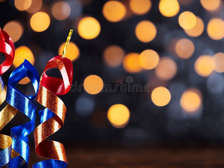 A Bunch of Red White and Blue Ribbons Hanging from a String of Lights ...