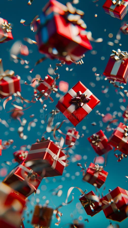 A Bunch of Red and White Gift Boxes Flying in the Air Stock Photo ...