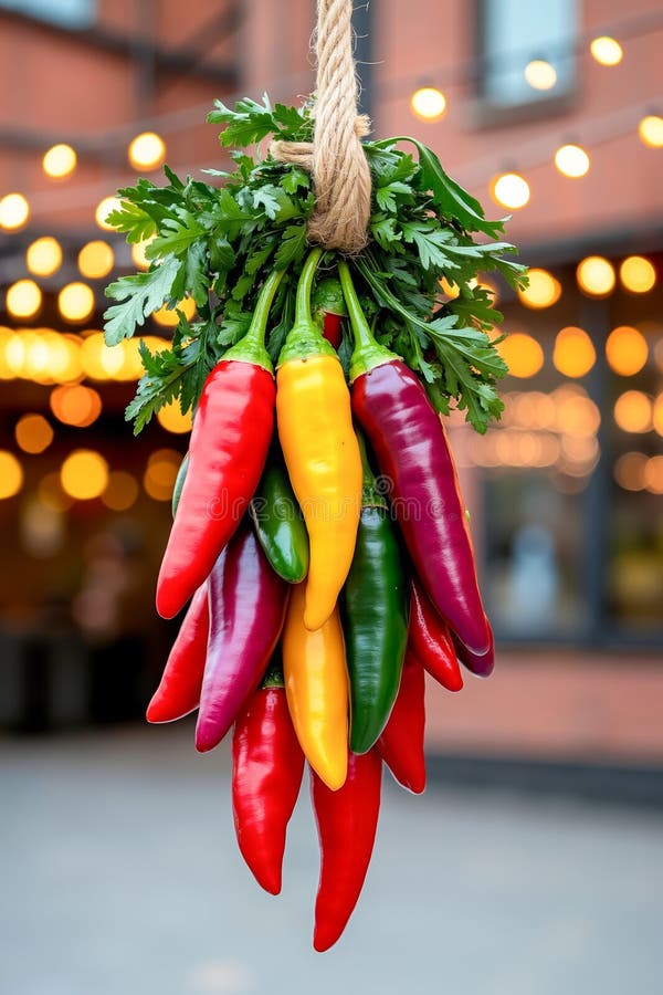 A Bunch of Red and Yellow Peppers Hanging from a Rope Stock Photo ...