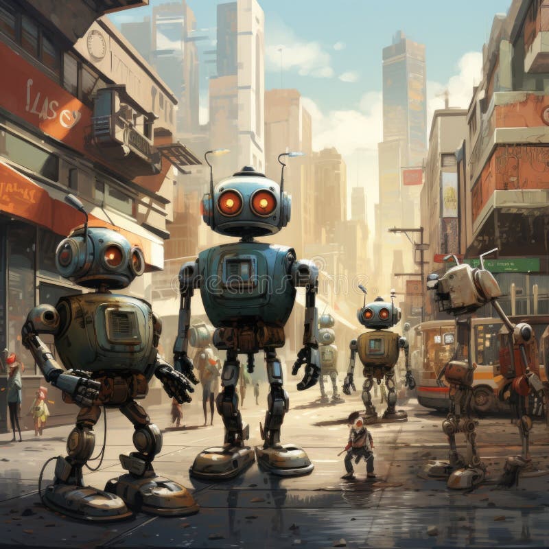 A Bunch of Robots on the City Streets. Stock Illustration ...