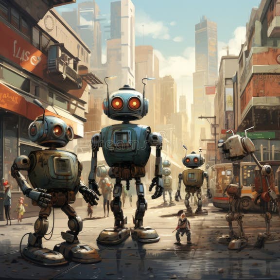 A Bunch of Robots on the City Streets. Stock Illustration ...