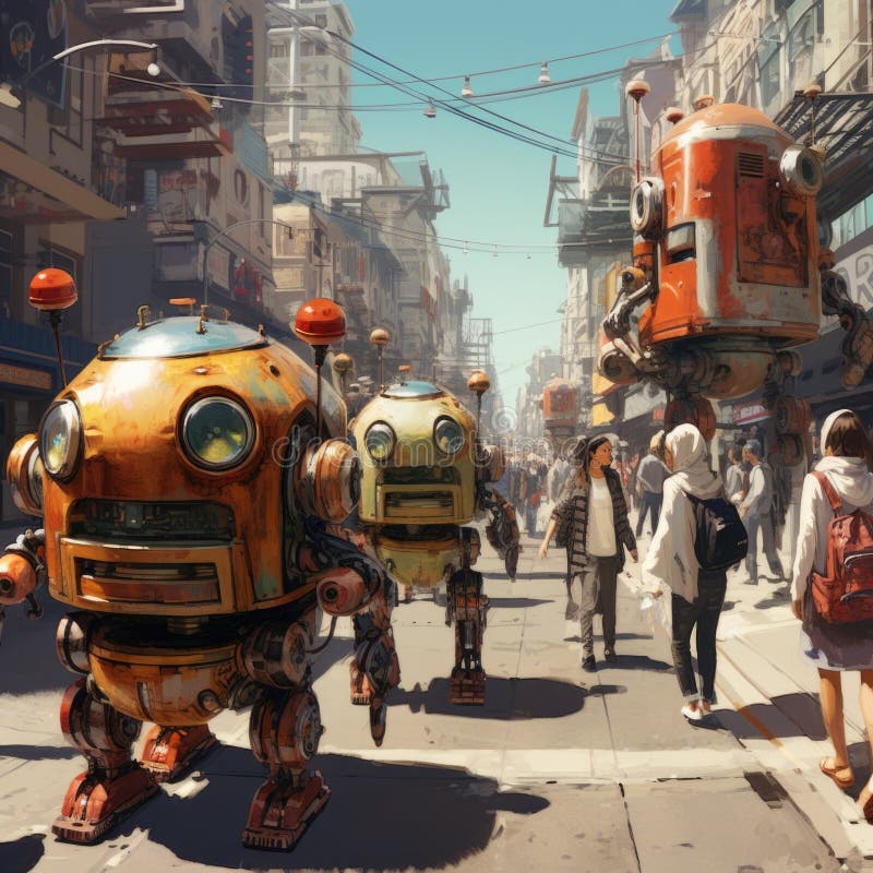 A Bunch of Robots on the City Streets. Stock Illustration ...