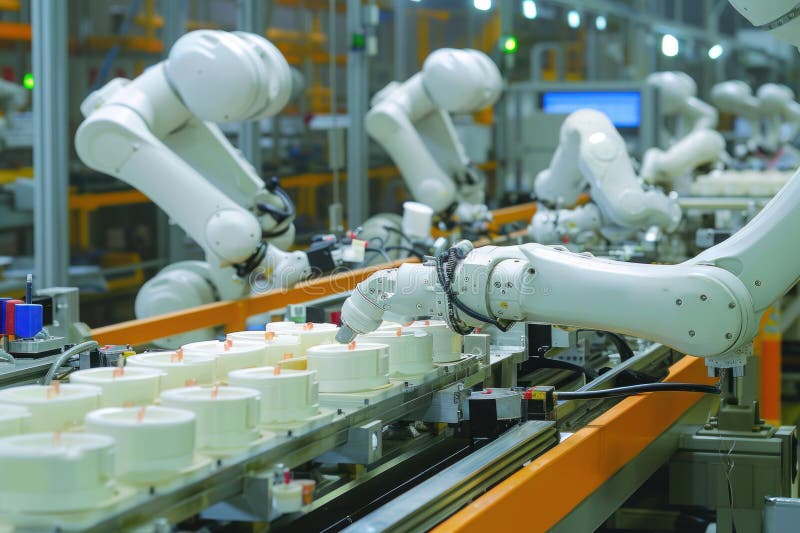 A Bunch of Robots are Working on a Conveyor Belt in a Factory Stock ...