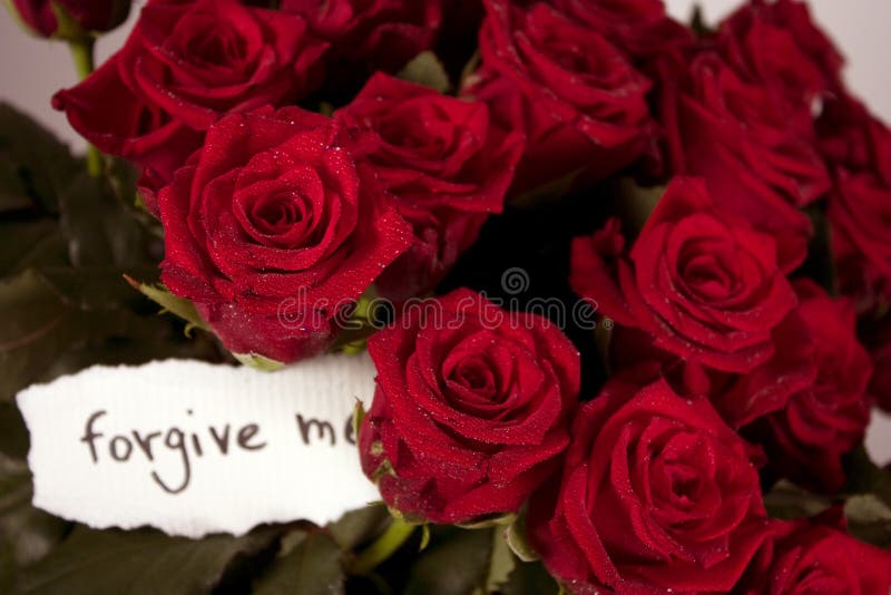 A Bunch of Roses in Vase with Note - Forgive Me Stock Image - Image of ...