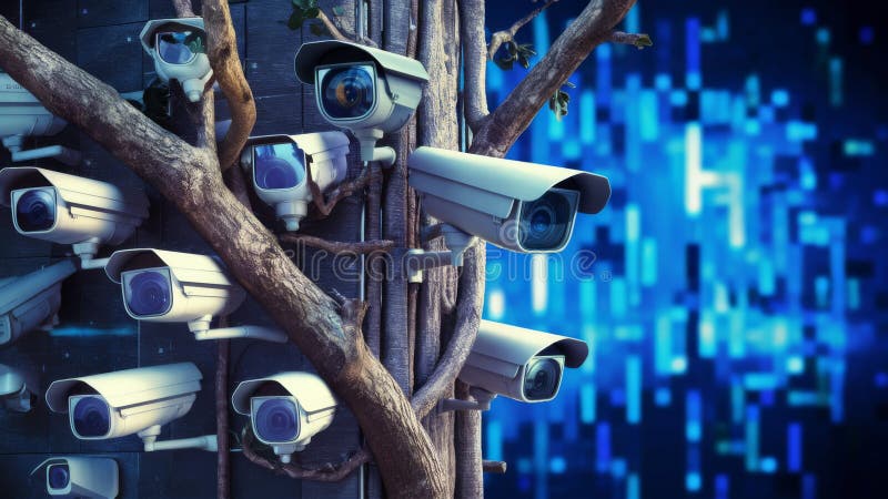 A Bunch of Security Cameras are on a Tree in Front of Blue Background ...