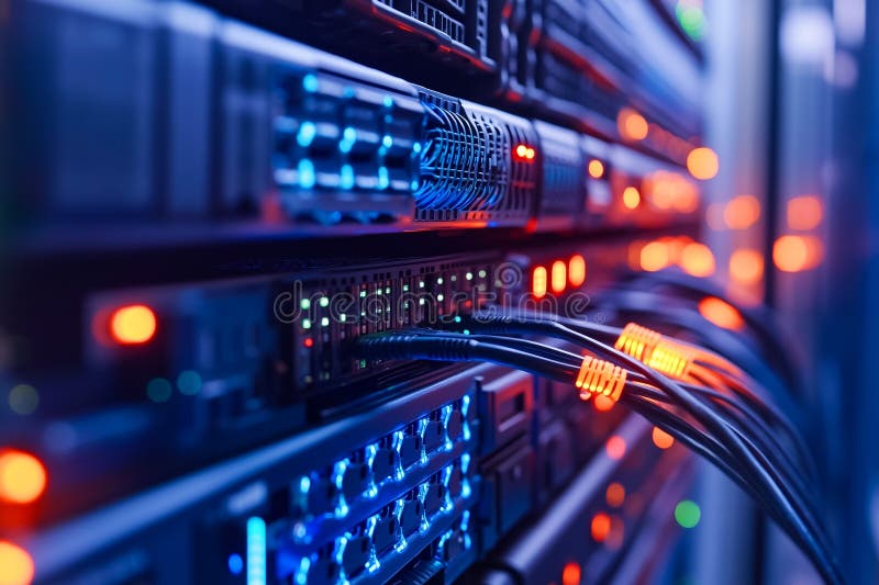 A Row of Servers in a Server Room with Red and Blue Lights Stock Photo ...