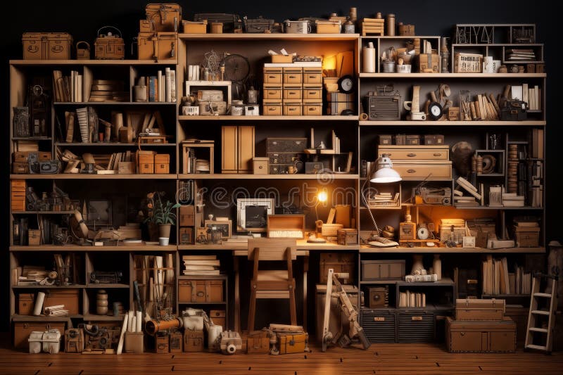 A Bunch of Shelves and Boxes with Various Objects Against the Wall, As ...