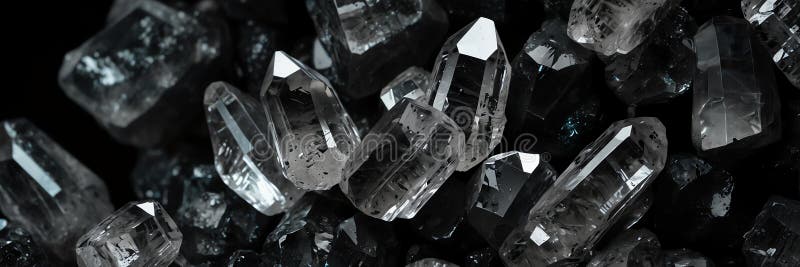 Bunch of Shiny Quartz Crystals on Plain Black Dark Background Panoramic ...