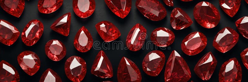 Bunch of Shiny Red Ruby on Plain Black Dark Background Panoramic Wide ...