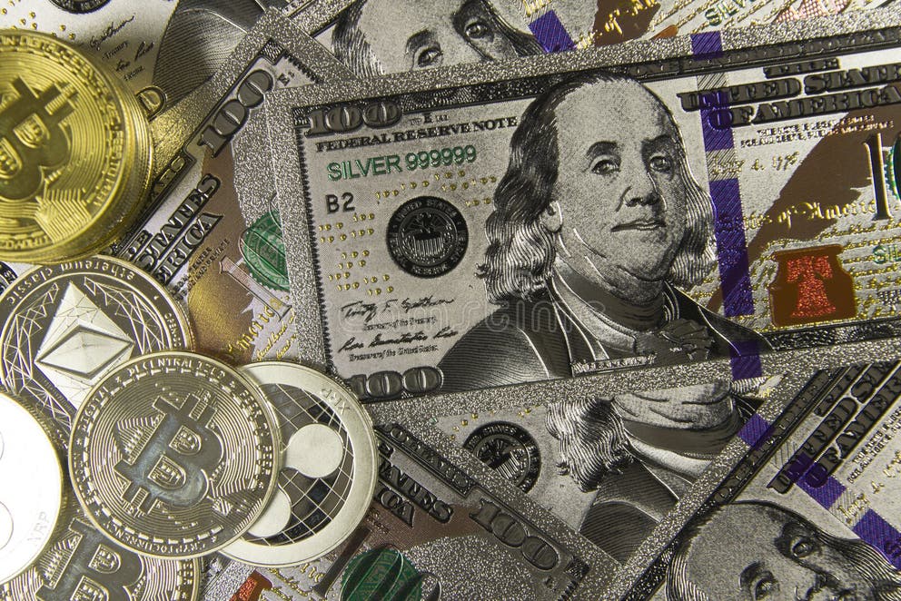 A Bunch of Silver Dollar Banknotes with Cryptocurrency Coins Stock ...