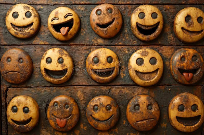 A Bunch of Smiley Faces with Different Expressions on a Wooden Surface ...