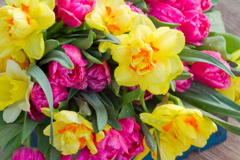 Bunch of Spring Flowers in Wooden Crate Stock Photo - Image of bloom ...