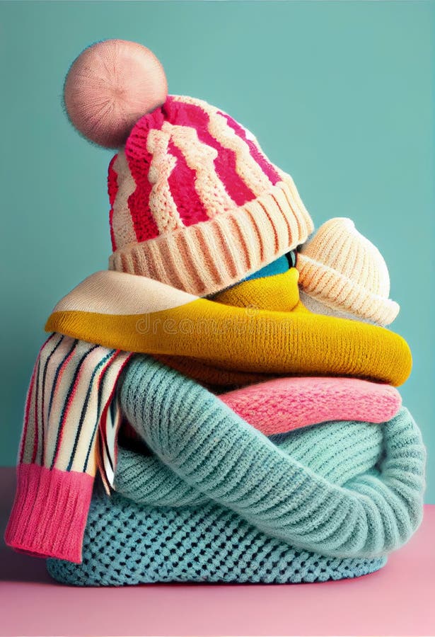 Bunch of Stacked Knitted Pastel Color Sweaters Scarf and Hat with ...