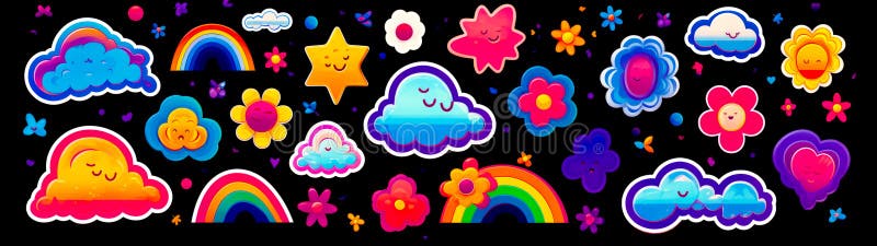 Bunch of Stickers that are on Black Background with Rainbow and Stars ...