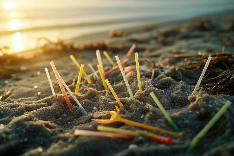 A Bunch of Sticks and Other Beach Debris Sticking Out of the Sand Stock ...
