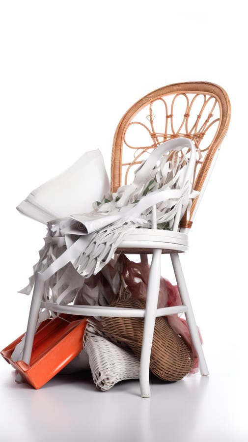 A Bunch of Things are Lying on the Armchair, a Mess. White Background ...