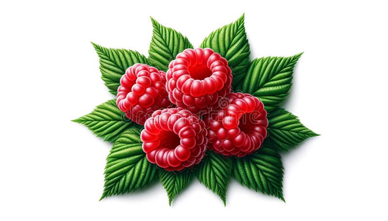 A Bunch of Three Raspberries, Green Raspberry Leaves Isolate on a White ...