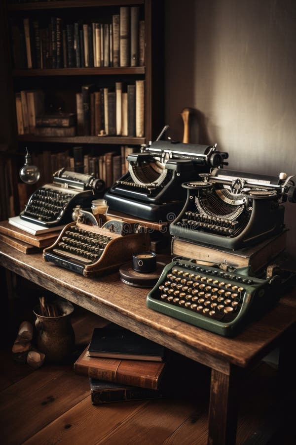 A Bunch of Typewriters Sitting on Top of a Wooden Table. AI Generative ...