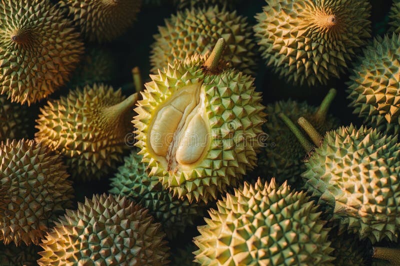 A Bunch of Unripe Durians with One of Them Cut Open Stock Image - Image ...