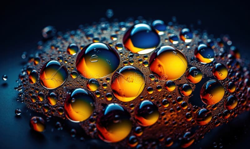 A Bunch of Water Droplets on a Black Surface with a Blue Background ...