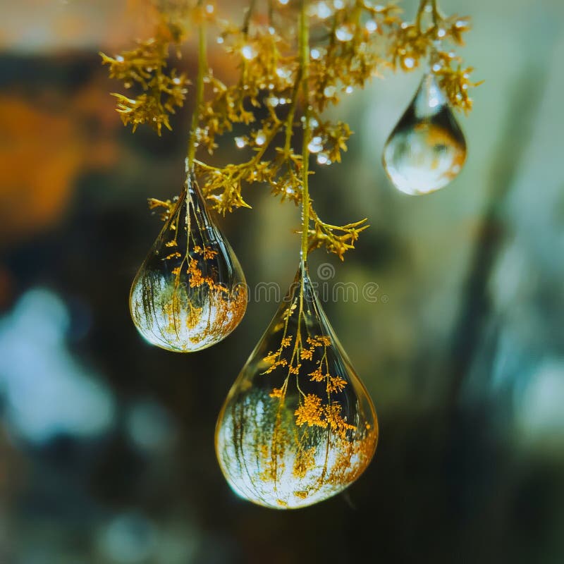 A Bunch of Water Droplets Hanging from a Tree Branch Stock Photo ...