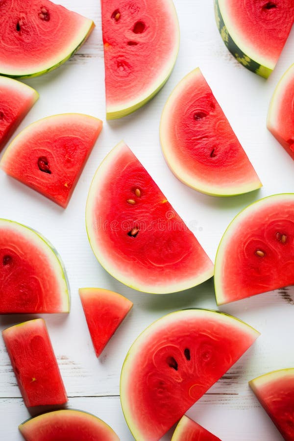 Bunch of Watermelon Slices Cut in Half on White Surface. Generative AI ...