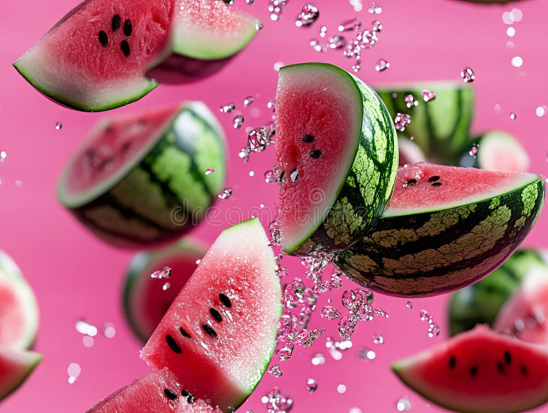 A Bunch of Watermelon Slices Falling into the Air Stock Photo - Image ...