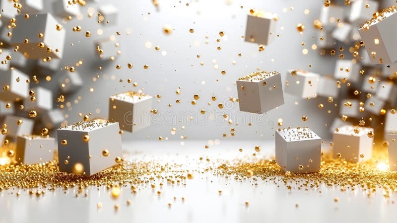 A Bunch of White Cubes with Gold Glitter Falling from Them Stock Image ...