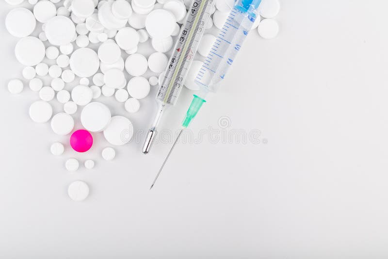 Bunch of White Pills with Green Injection and Thermometer Stock Image ...