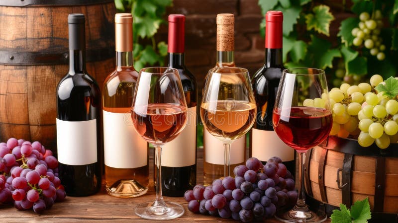 A Bunch of Wine Bottles and Grapes on a Table, AI Stock Image - Image ...