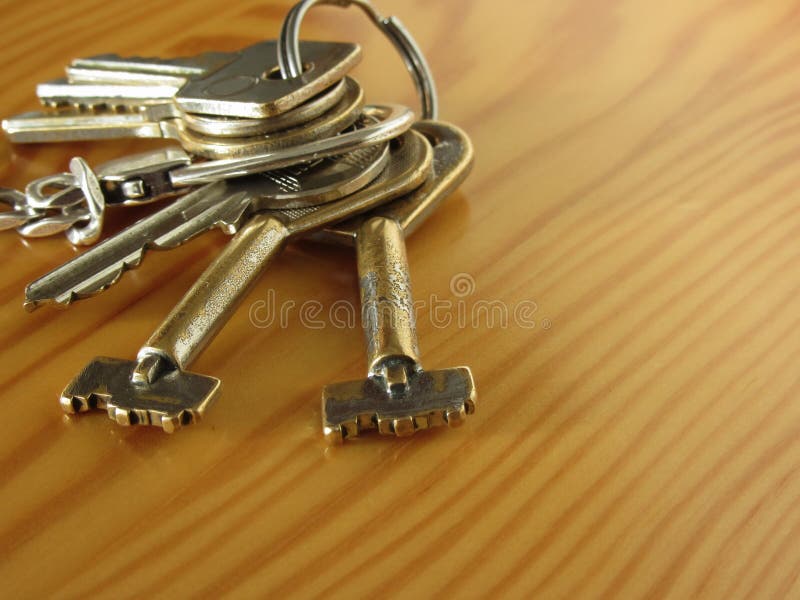 Bunch of Worn House Keys on Wooden Table Stock Image - Image of ring ...