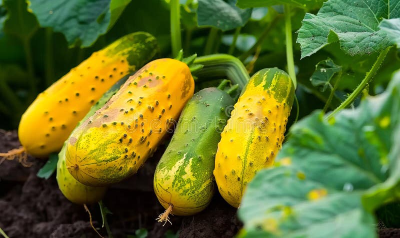 A Bunch of Yellow Cucumbers Growing in the Garden Stock Photo - Image ...